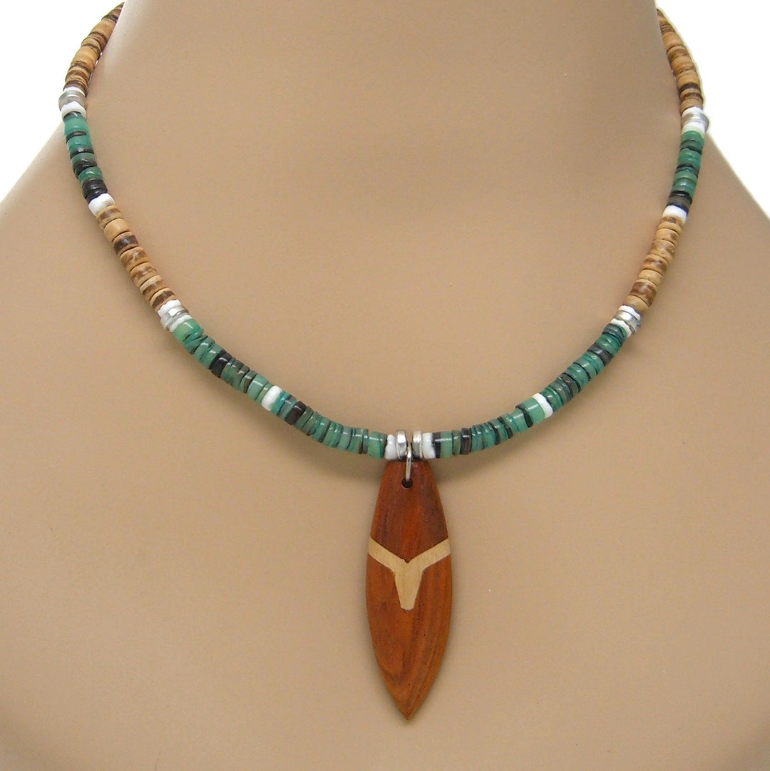 Wood Surfboard Necklace Puka Heishi Seashell and Natural Coconut Beads ...