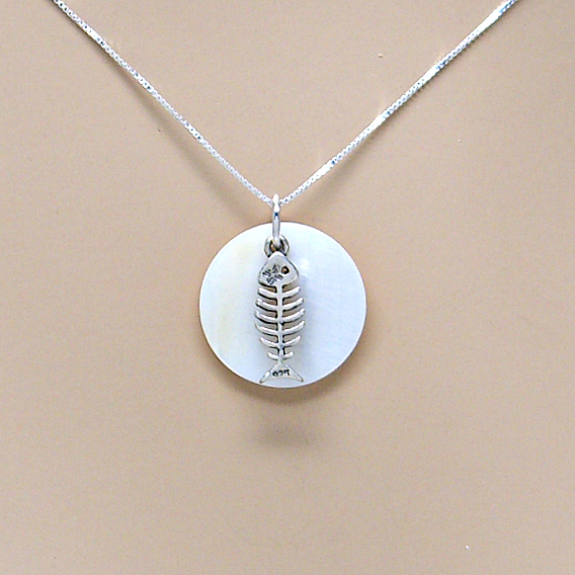 Fish Bones Sterling Silver Necklace w-Mother of Pearl Disc and | Etsy