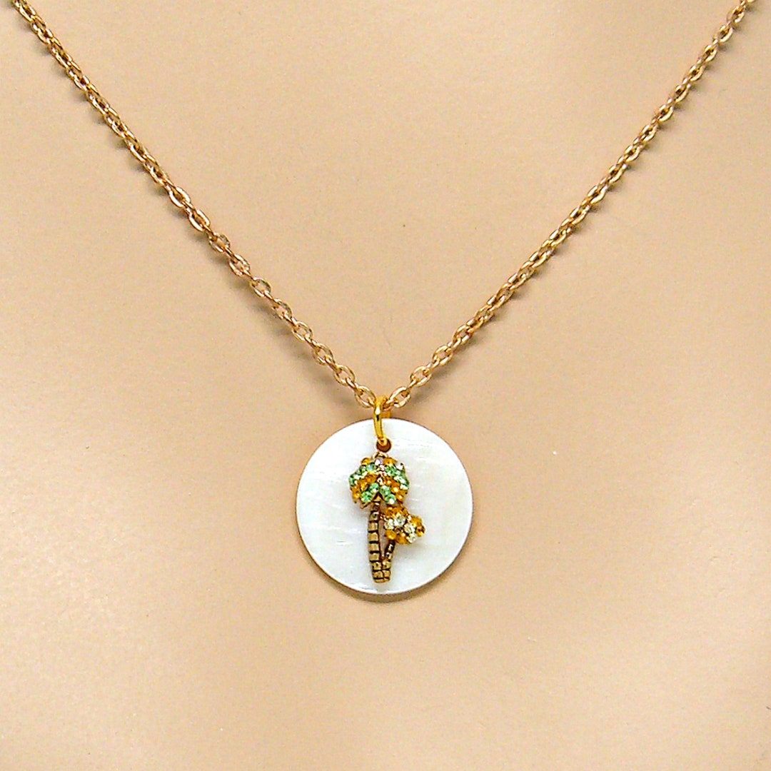 2 Piece SET Palm Tree With Crystals Mother of Pearl Seashell Disc Gold ...