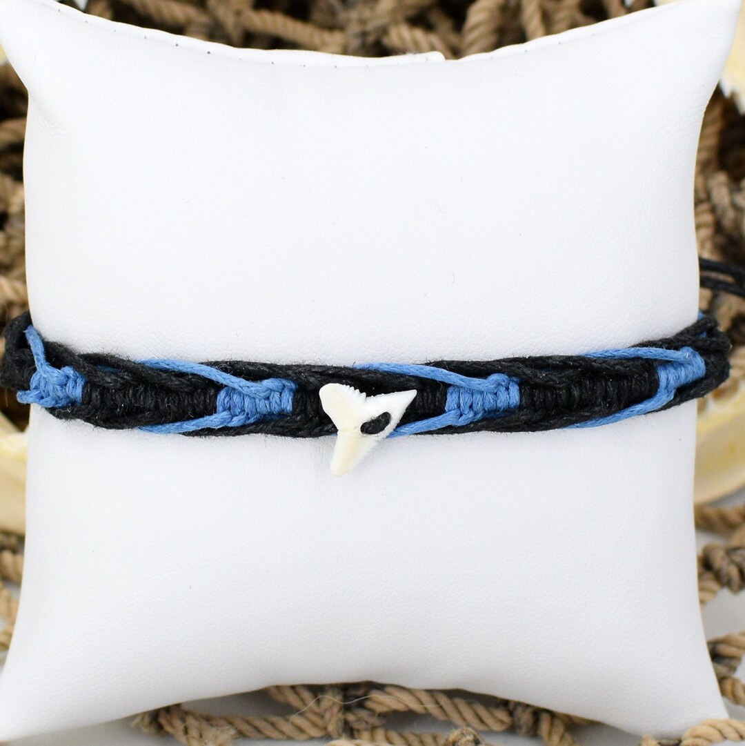 Shark Tooth Bracelet Adjustable Braided Macramé Cord Blue and Black ...