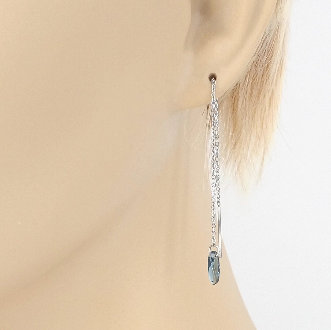 Gray Glass Bead Silver Ear Threads Threader Earrings Pair 4.25 ...