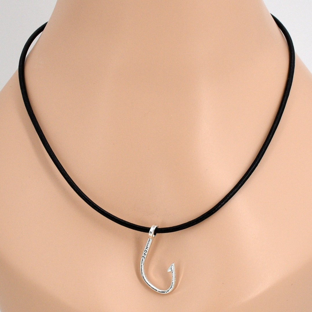 Fish Hook Hope Necklace, 3D Pendant, 3mm Black or Brown Leather Cord ...