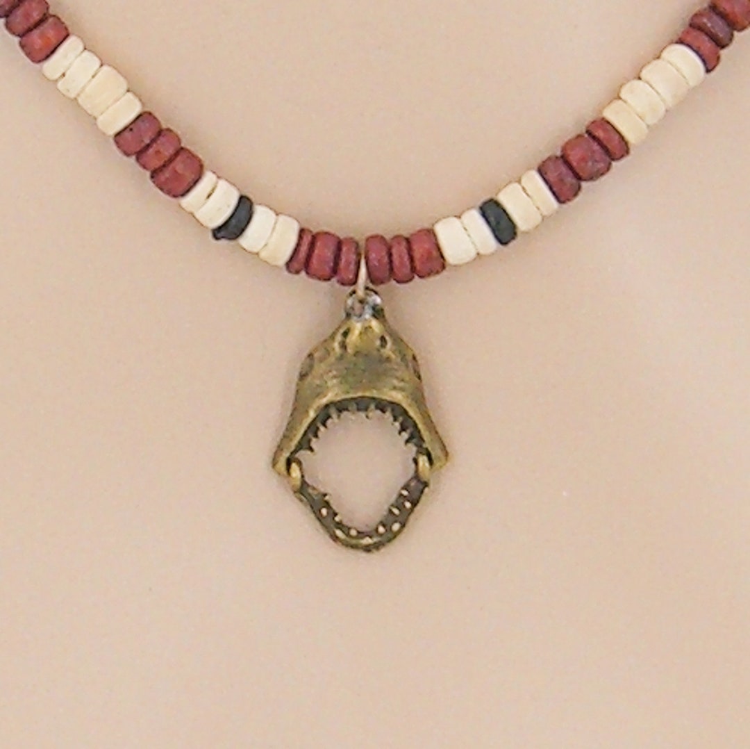 Moveable Shark Jaw Necklace 18-inch Coconut Bead SUP Surfer Hawaiian ...