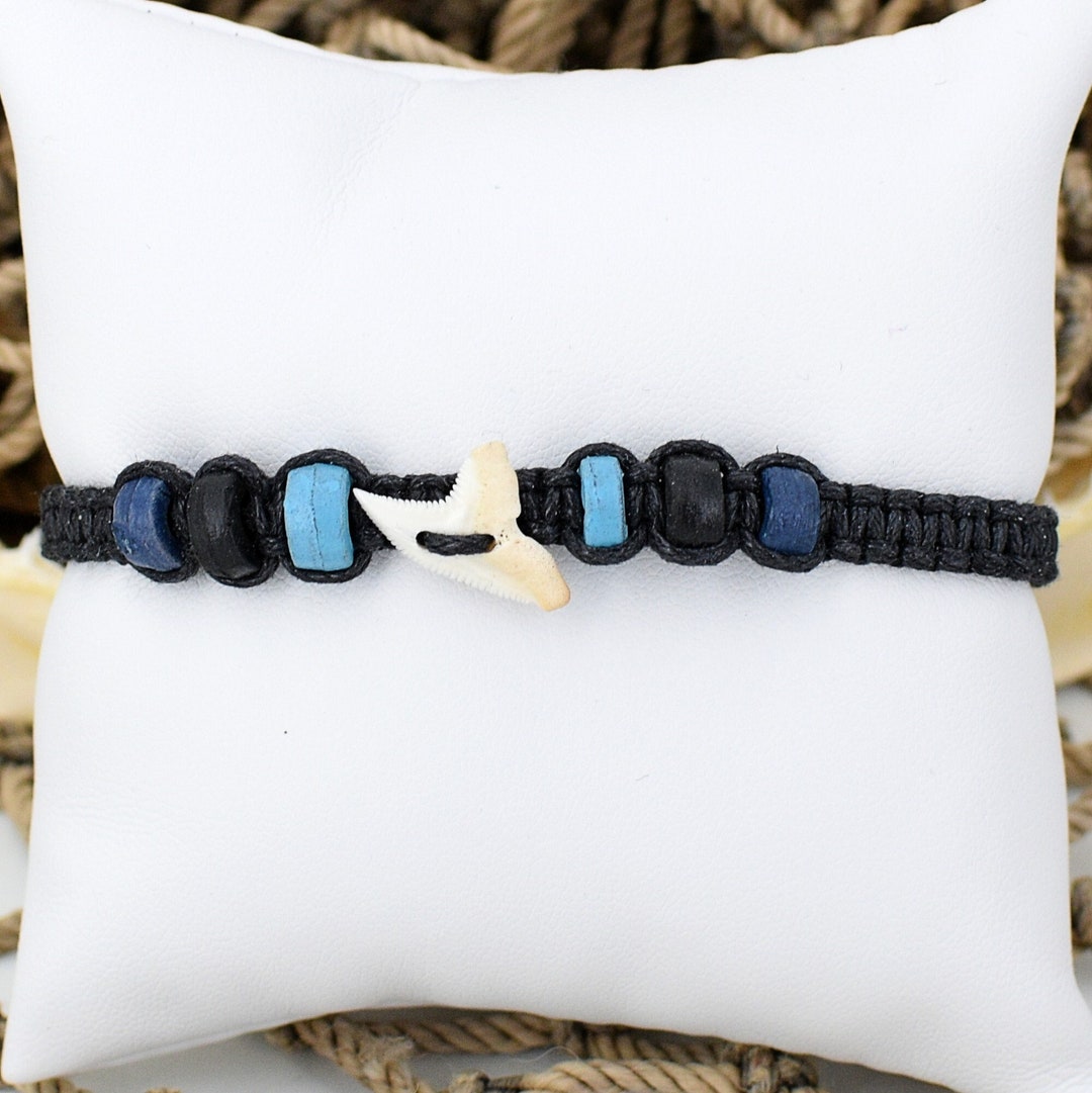 Shark Tooth Bracelet Adjustable Braided Macramé Cord Blue Black Beads ...