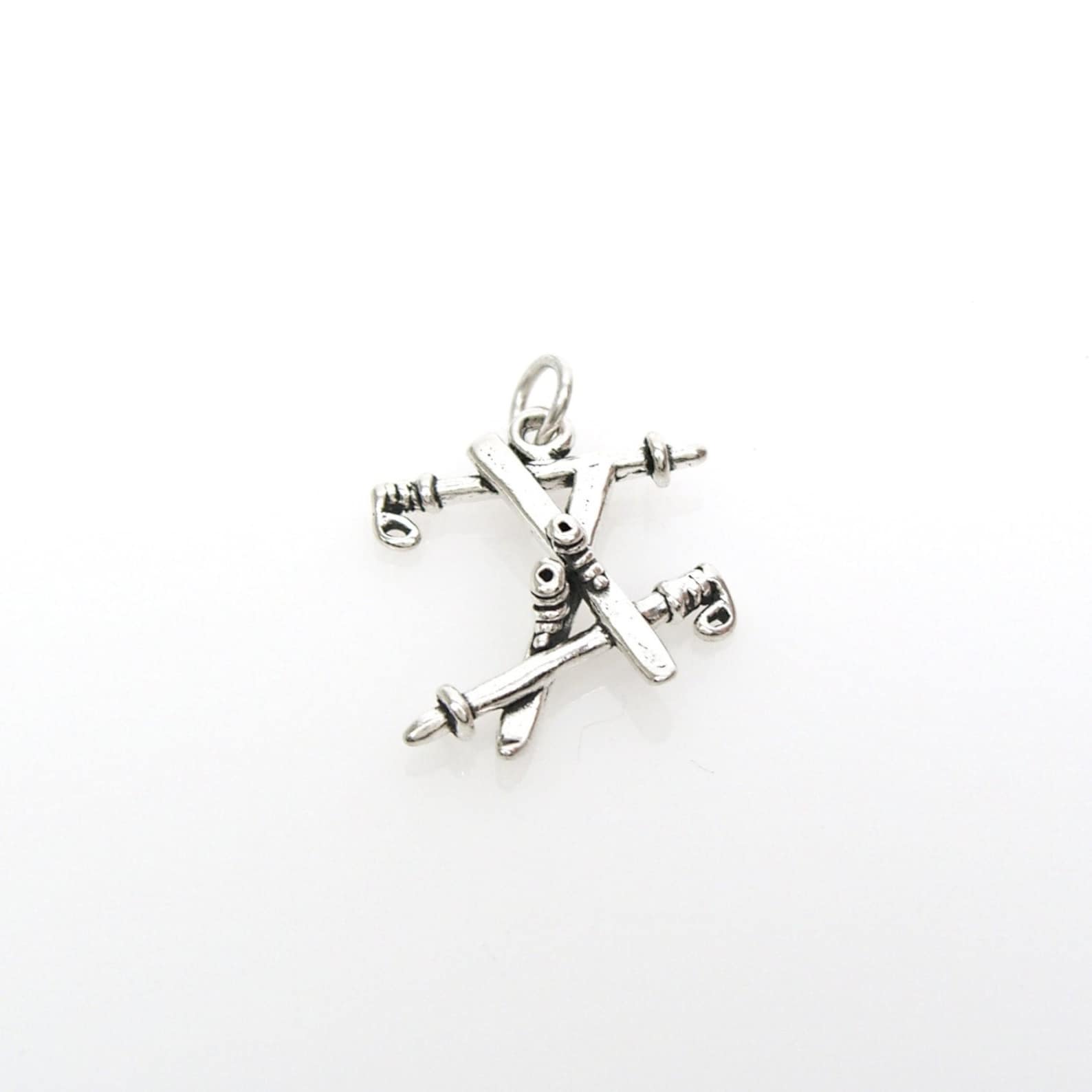 Skis and Poles Sterling Silver 3D Pendant Winter Skiing Sports Charm or ...