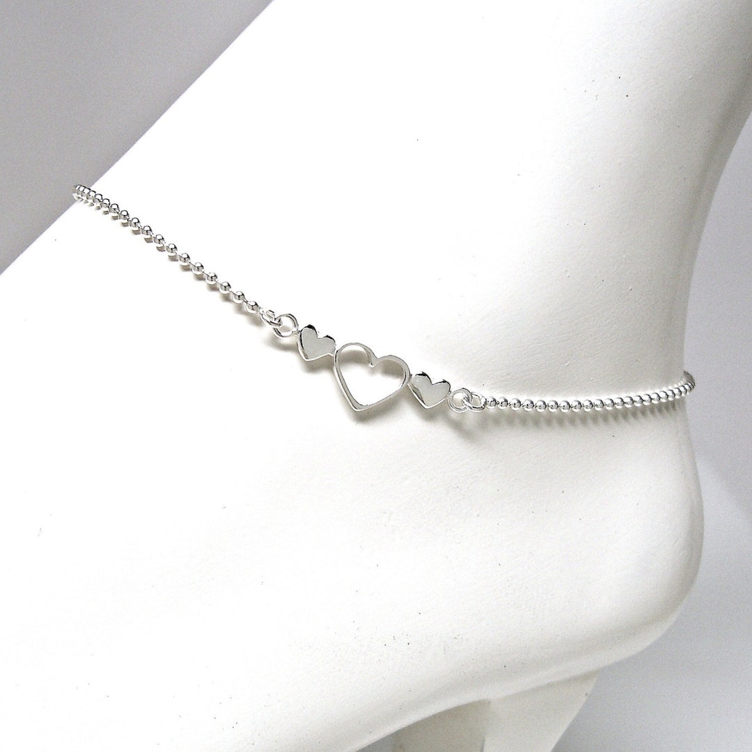 3 Hearts Anklet, Sterling Silver Bead Chain, Adjustable From 9 to 10 ...