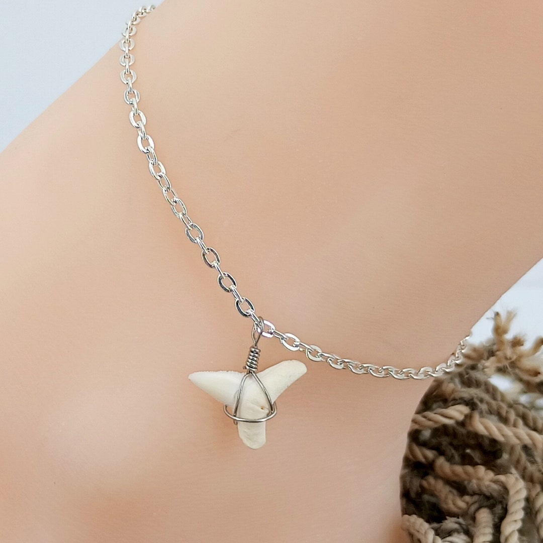 Sideways Shark Tooth Anklet Silver Cable Chain 8, 9, 10, 11 Inches - Etsy