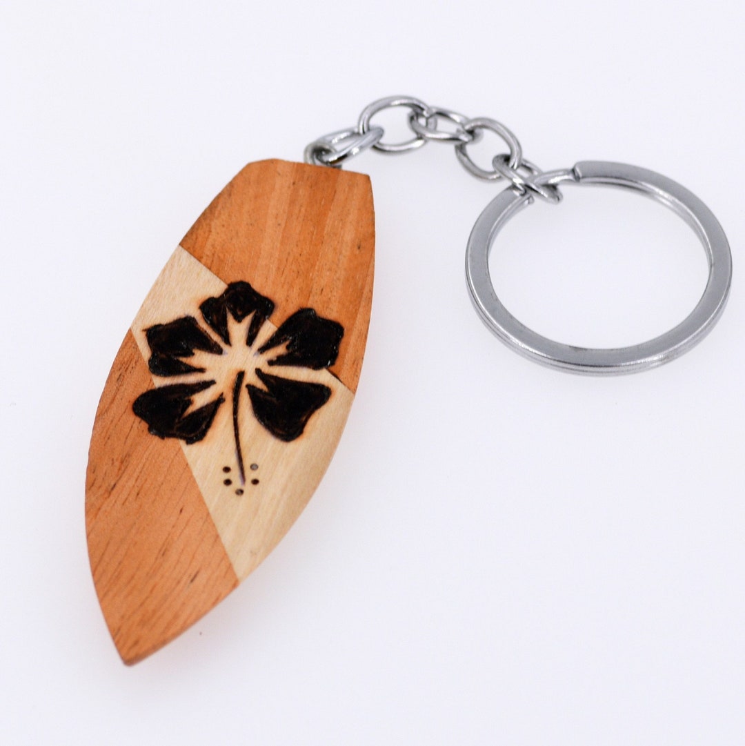Key Chain, Wood Surfboard With Hibiscus Flower Wood Burn Design, Key ...