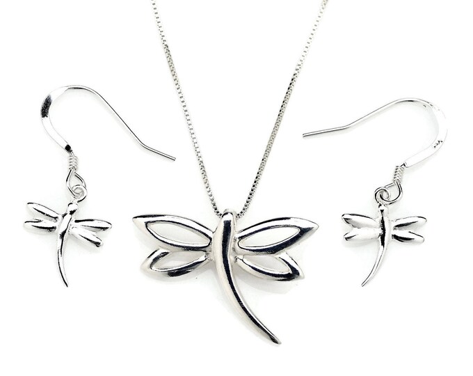 Set Dragonfly Sterling Silver Insect Necklace and Ear Wire Earrings ...