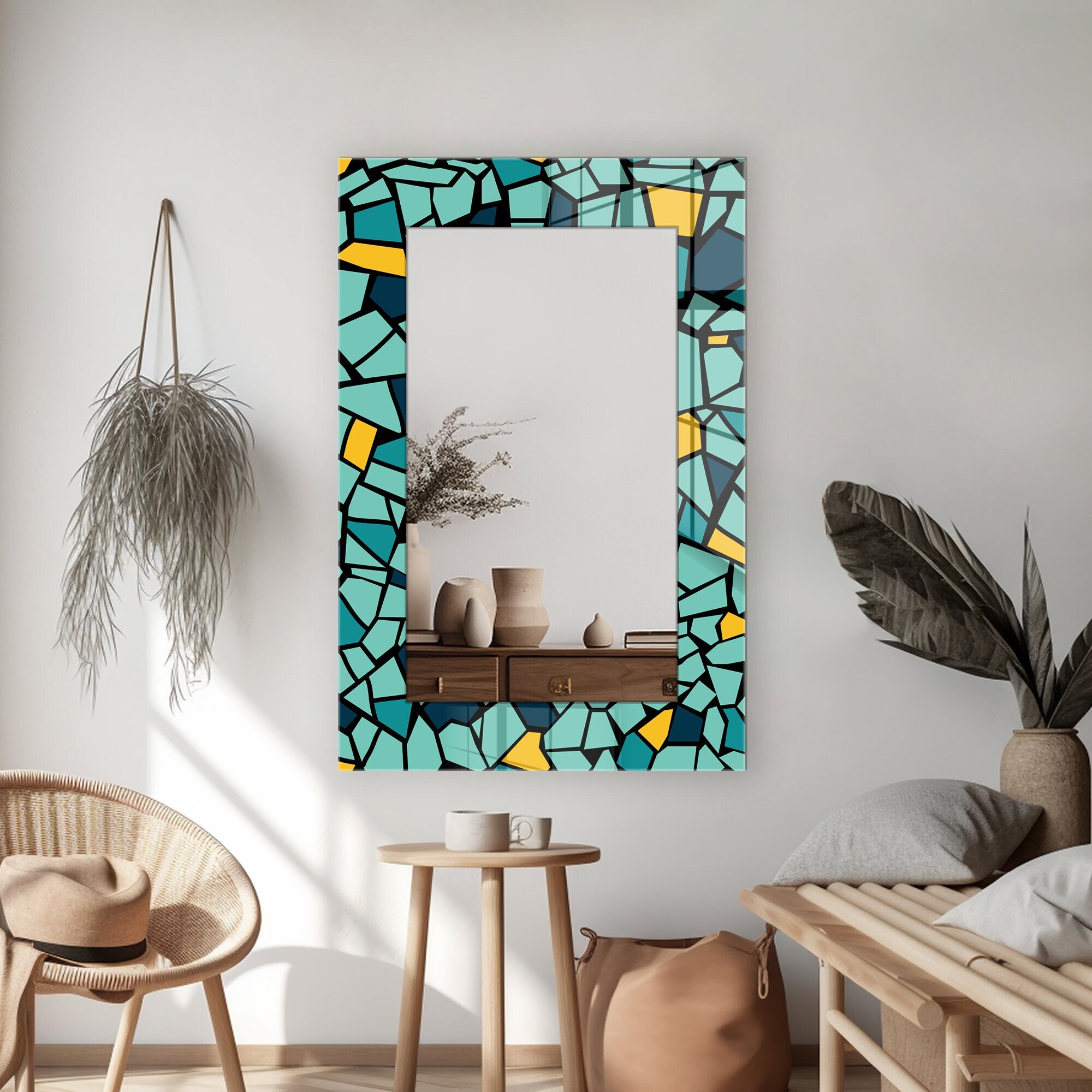 Green Mosaic Pattern Mirror for New Home, Vertical Living Room Mirror ...