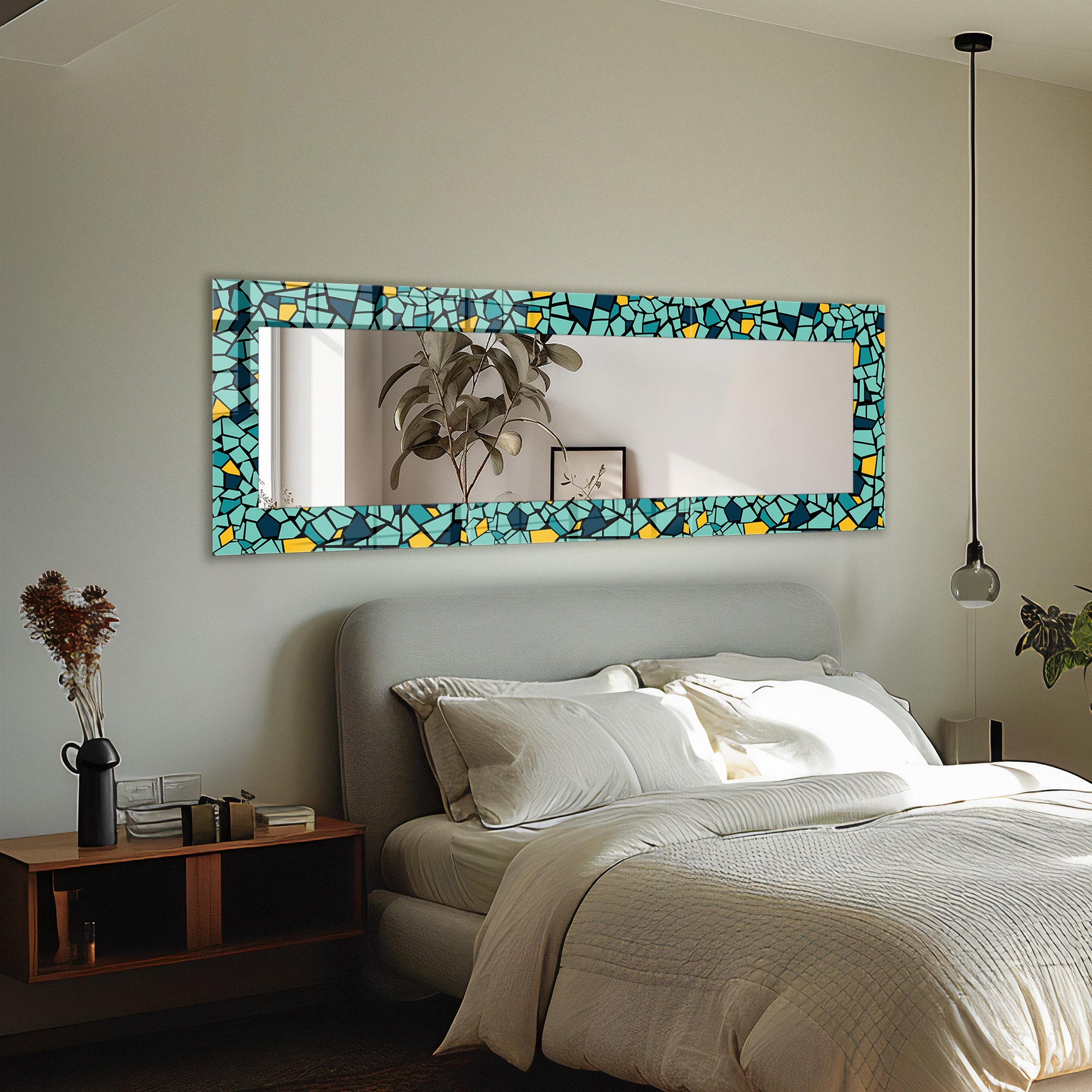 Green Mosaic Pattern Mirror for New Home, Vertical Living Room Mirror ...