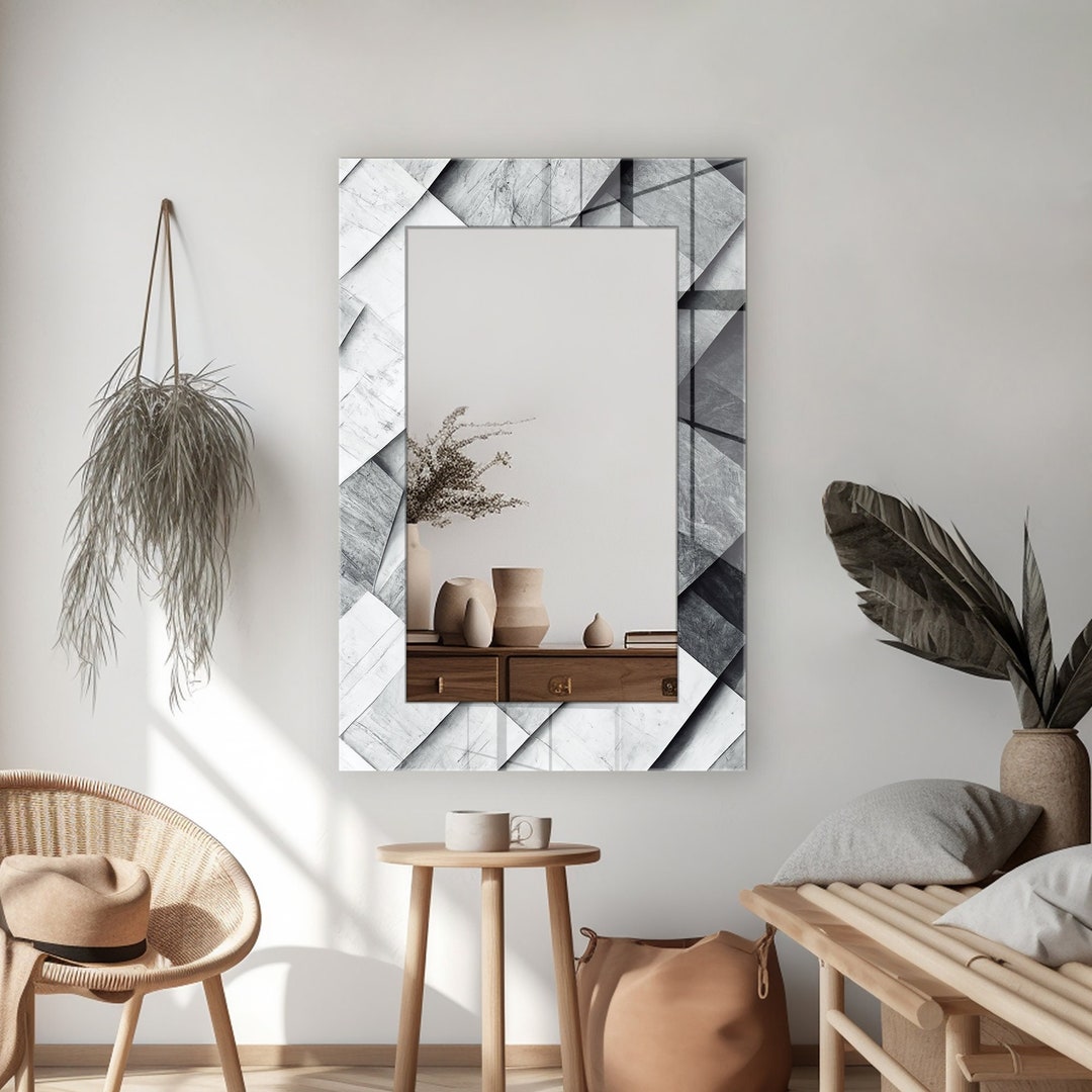 Gray & White Mirror Wall Decor, Mirror for Bathroom, Living Room Wall ...