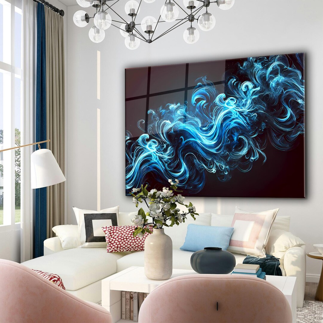Blue Abstract Tempered Glass Wall Art: Modern Home Decor - Etsy