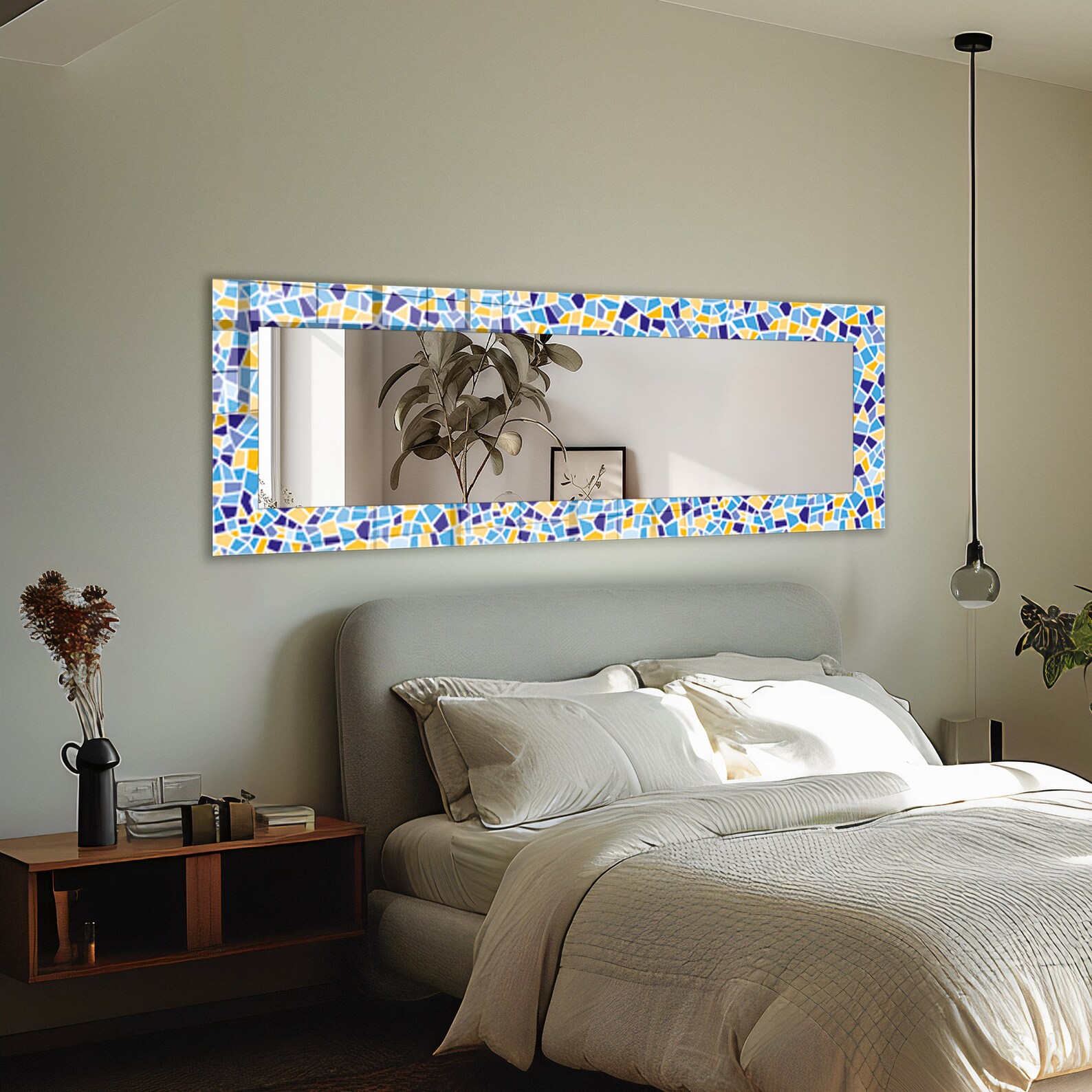 Blue Mosaic Artwork Printed Tempered Glass Full Length Wall Mirror ...