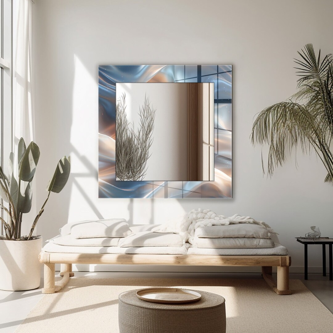 Luxury Light Blue Wavy Theme Wall Mirror Decor for Living Room, Bedroom ...