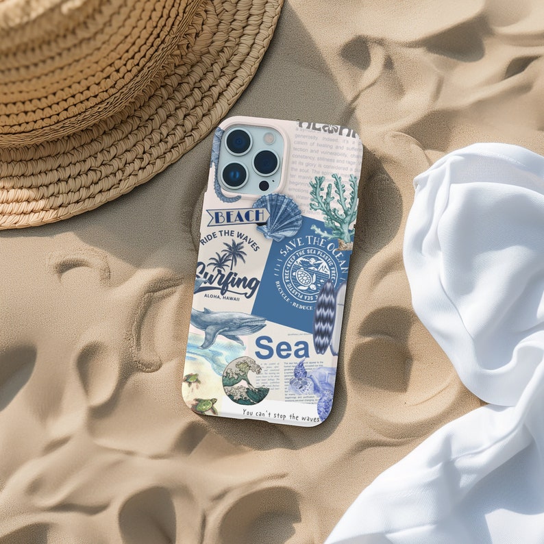 Surfing Girl Coastal Adventure Collage Phone Case, iPhone 15 14 13 12 ...