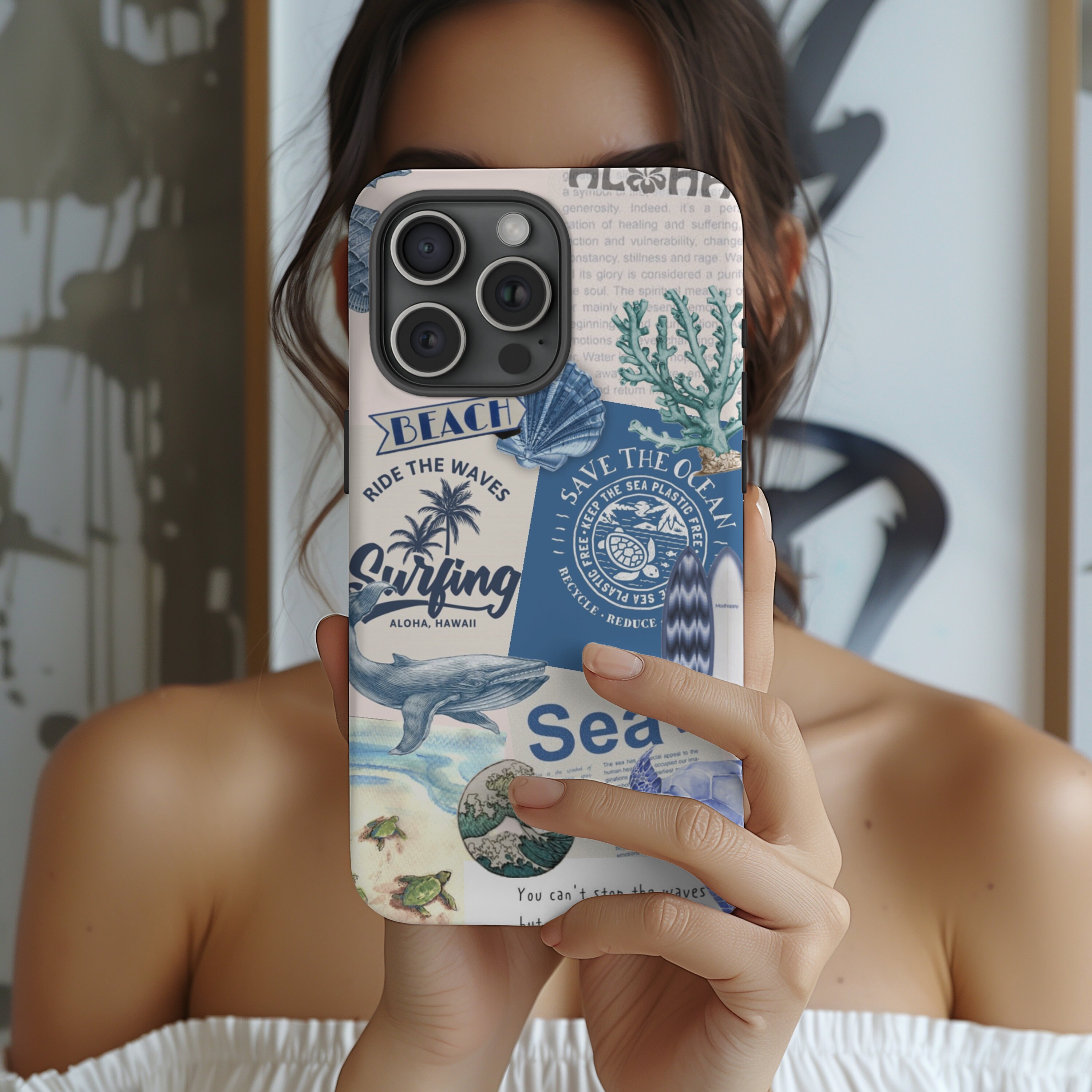 Surfing Girl Coastal Adventure Collage Phone Case, iPhone 15 14 13 12 ...