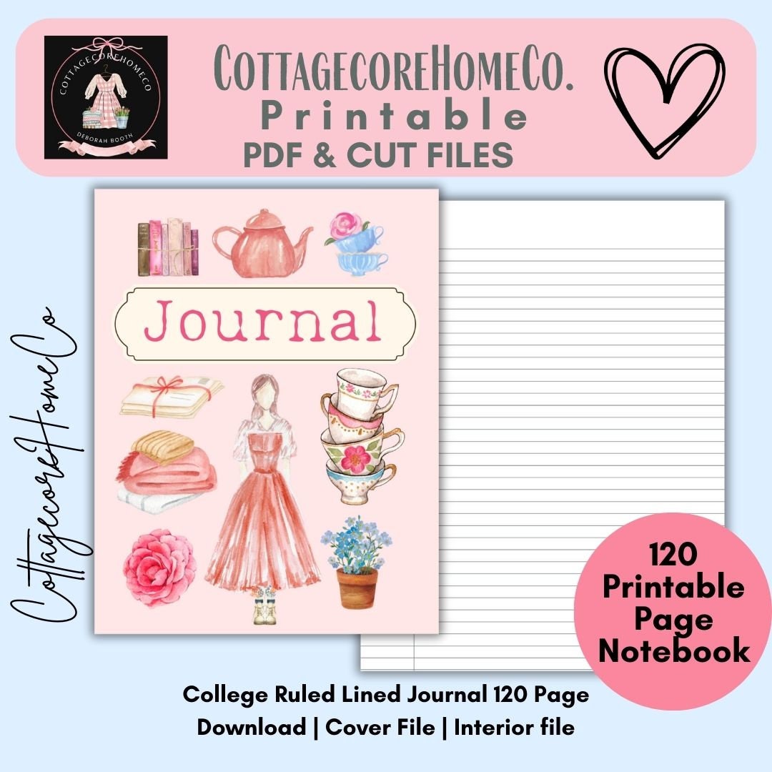 Cottage Style Notebook Printable Journal College Rule Lines 120 Pages ...