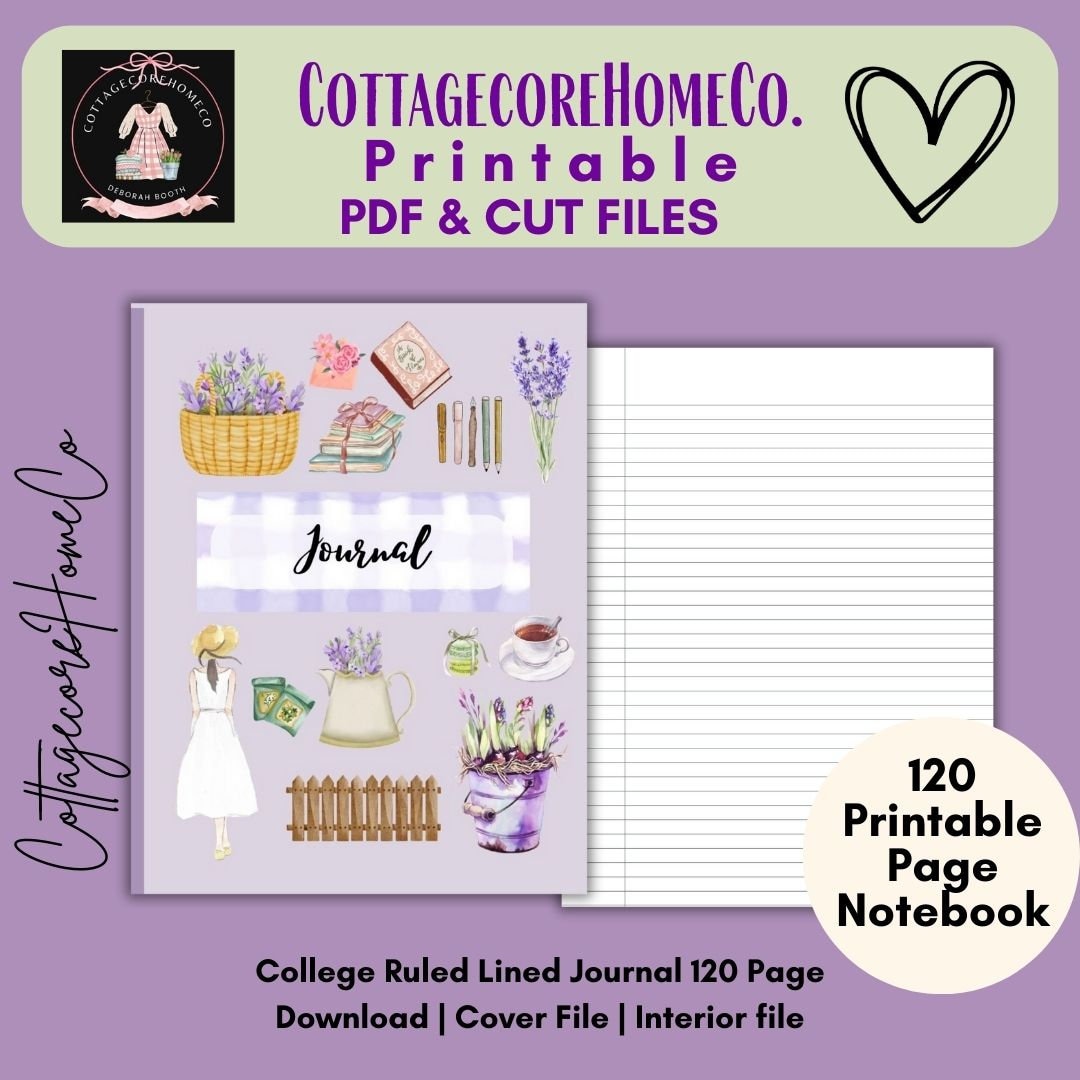 Cottagecore Journal Lavender | Lined College Ruled Pages 120 Printable ...