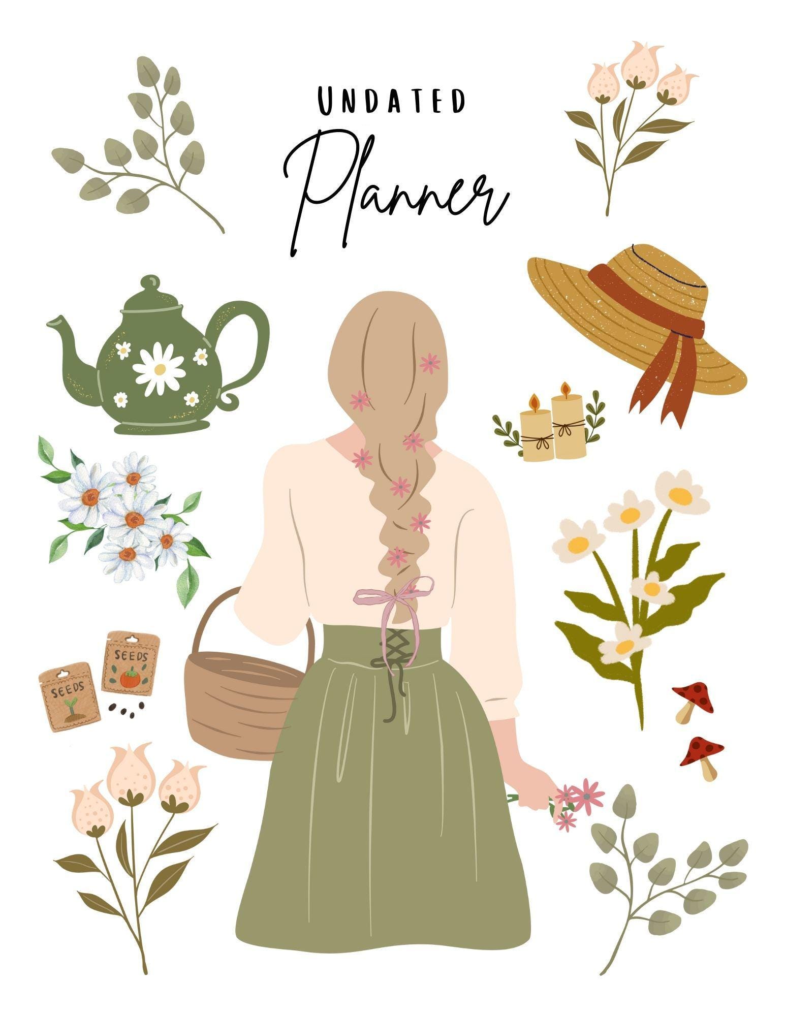 Planner Cottage Style Printable UNDATED PLANNER, Girl Florals Monthly ...