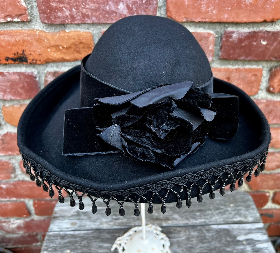 Vintage 80s Black Wool Fringed Large Rose Hat Tea Rose Original - Etsy