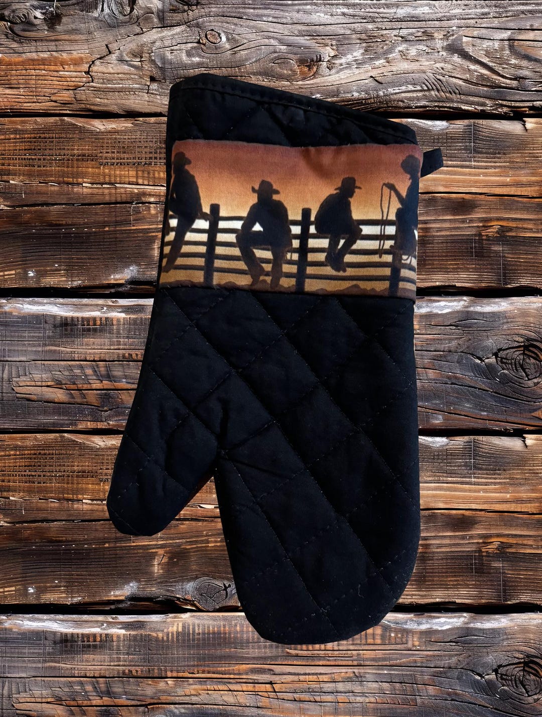 Black Kitchen Oven Mitt With Cowboys Sitting on a Fence With Orange ...