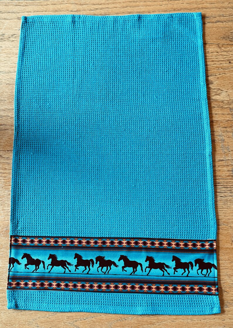 Turquoise Kitchen Towel With Black Running Horses on Turquoise Navajo ...