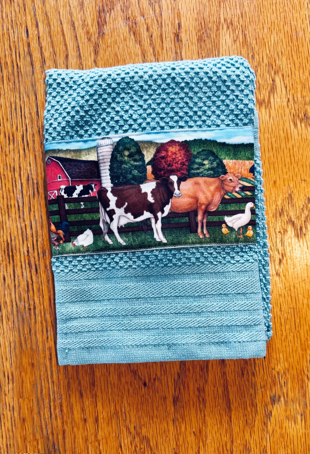 Turquoise Kitchen Towels With Horses, Cows, Pigs, Goats, and Red Barn ...