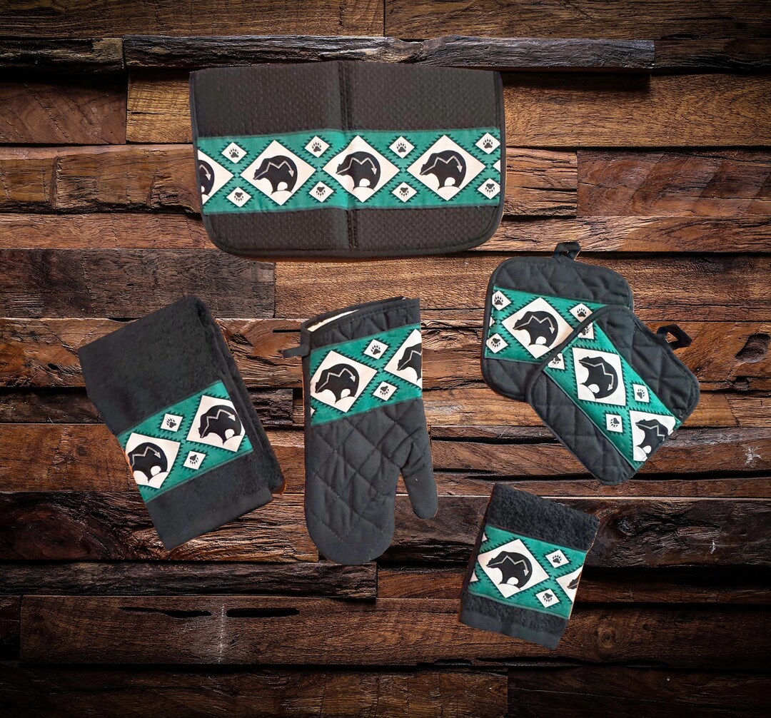 Complete Kitchen Set With Bear and Bear Paws on Turquoise Geometric ...