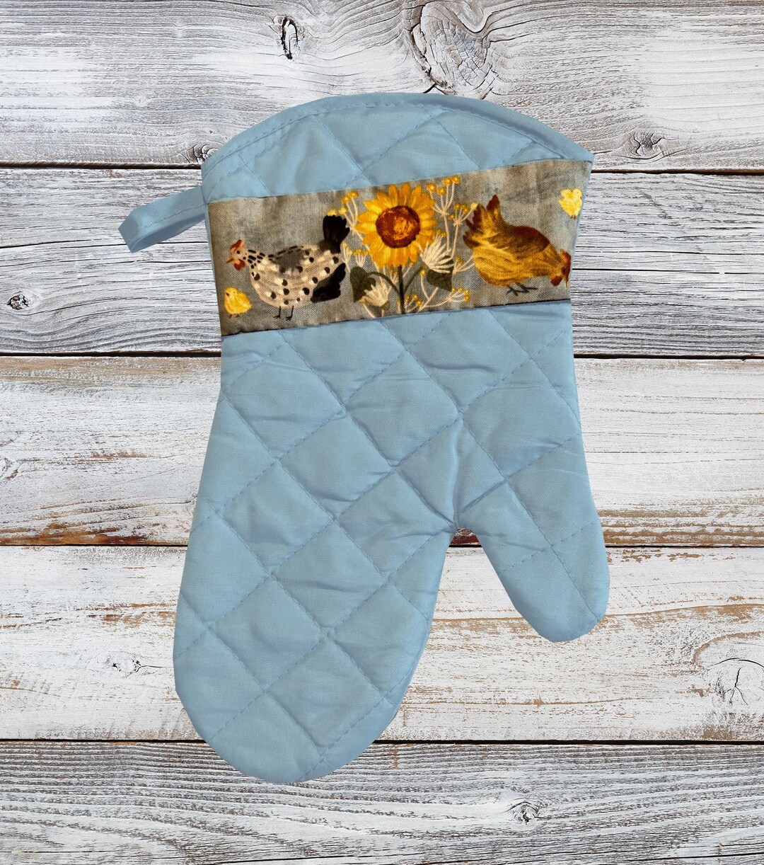 Light Blue Kitchen Oven Mitt With Chicken and Sunflowers - Etsy