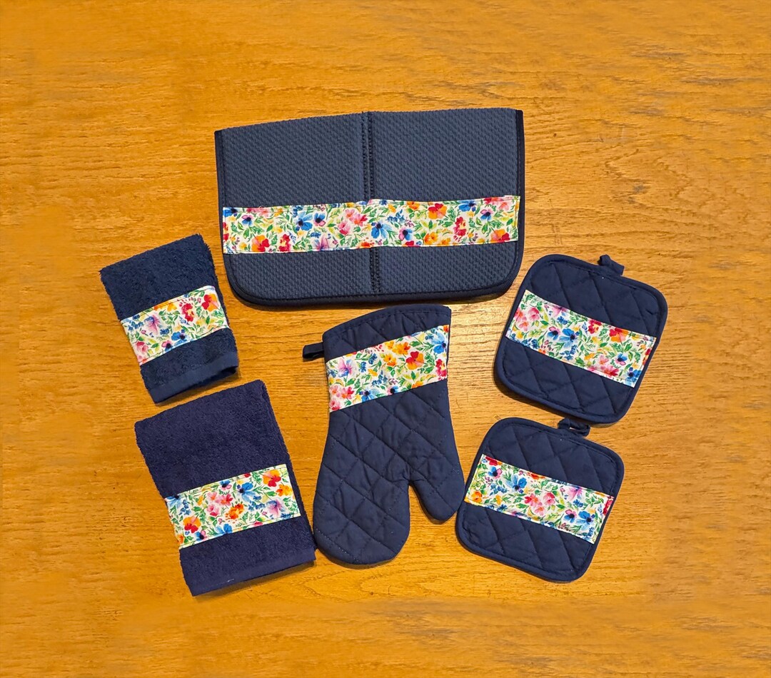 Complete Kitchen Set - Navy W/ Bright Multicolored Flowers - Towel/dish ...