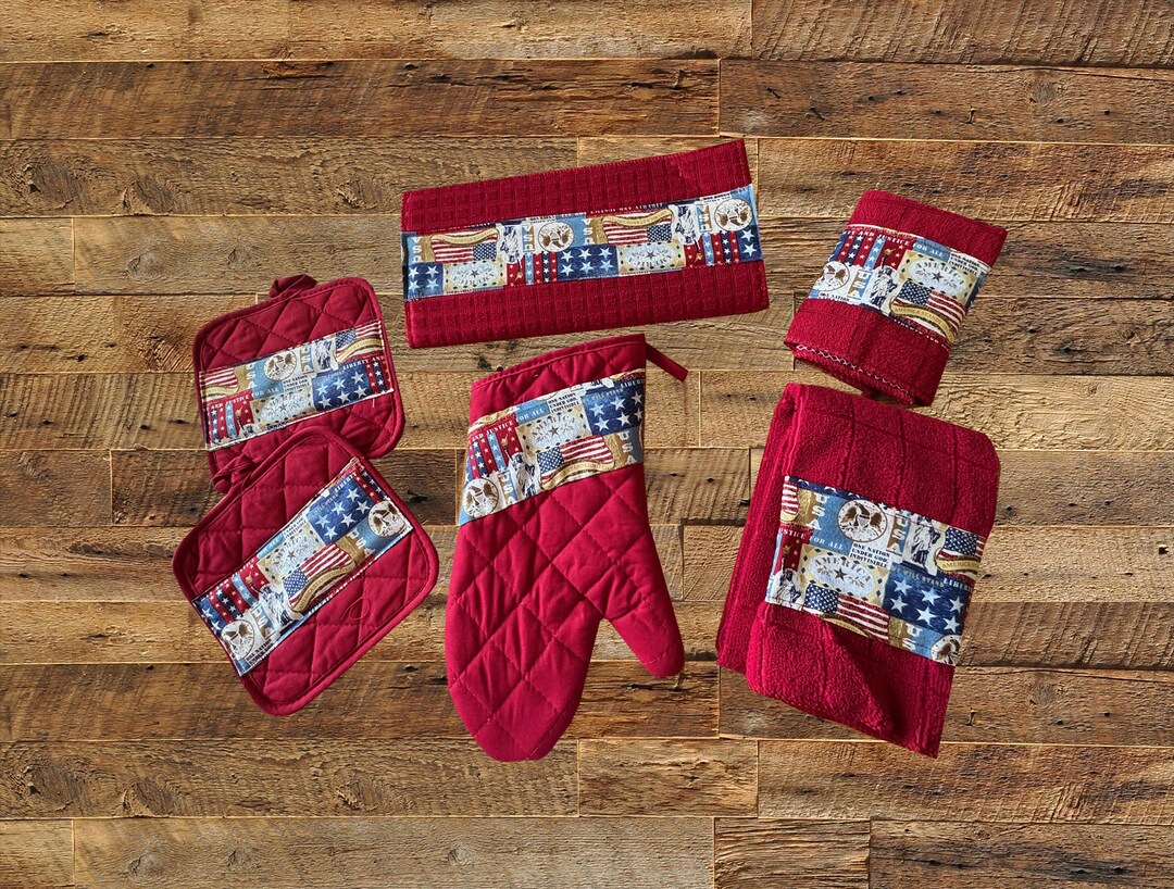 4th of July Kitchen Set - Red With 4th of July Collage - Towel, Dish ...