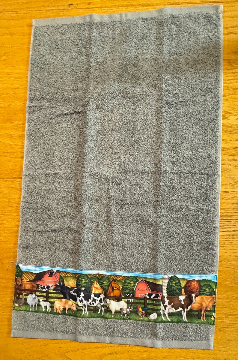 Gray Kitchen Towels With Horses, Cows, Pigs, Goats, and Red Barn - Etsy