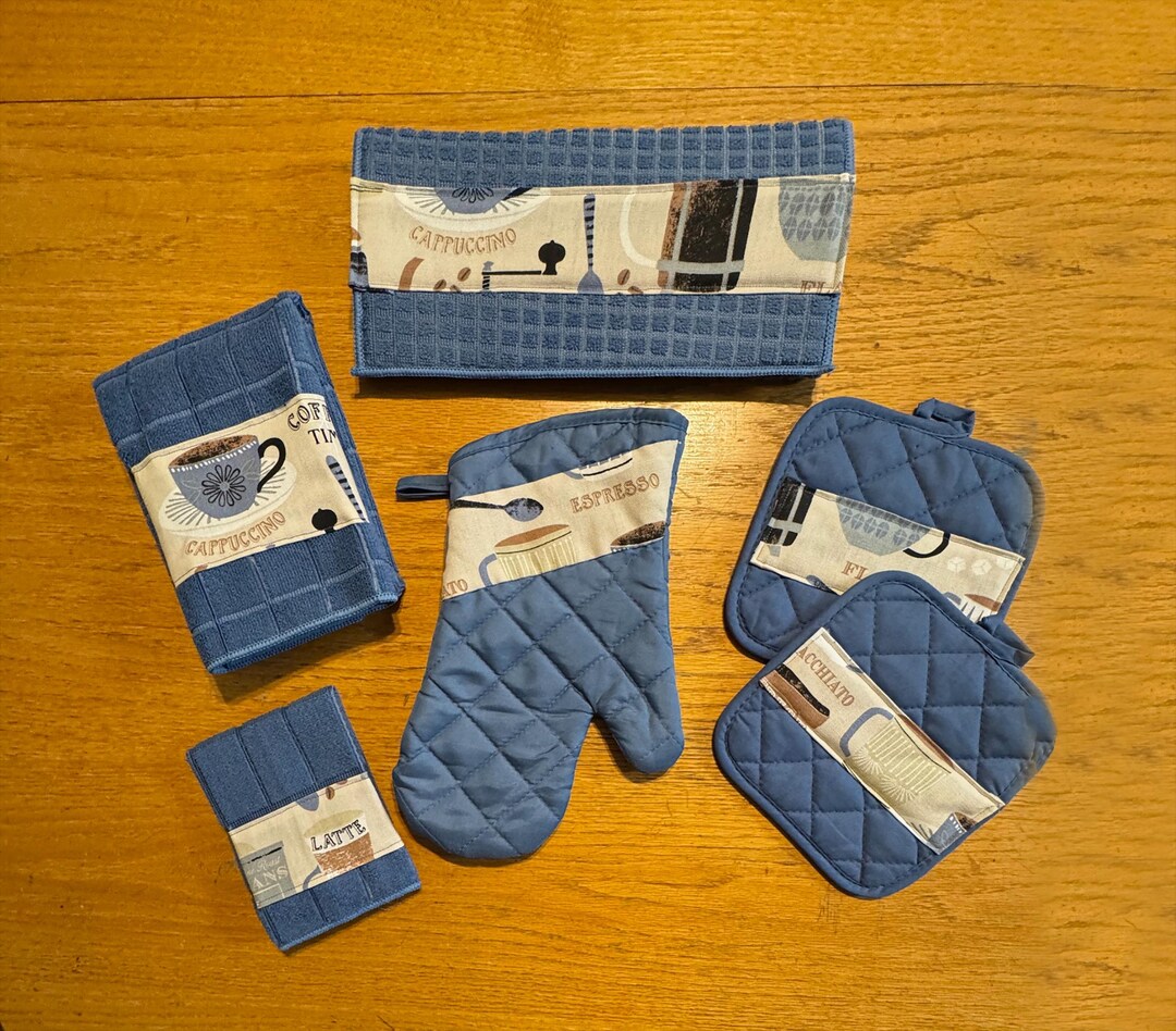 Complete Kitchen Set - Slate Blue With Coffee Motif - Towel/dish Cloth ...