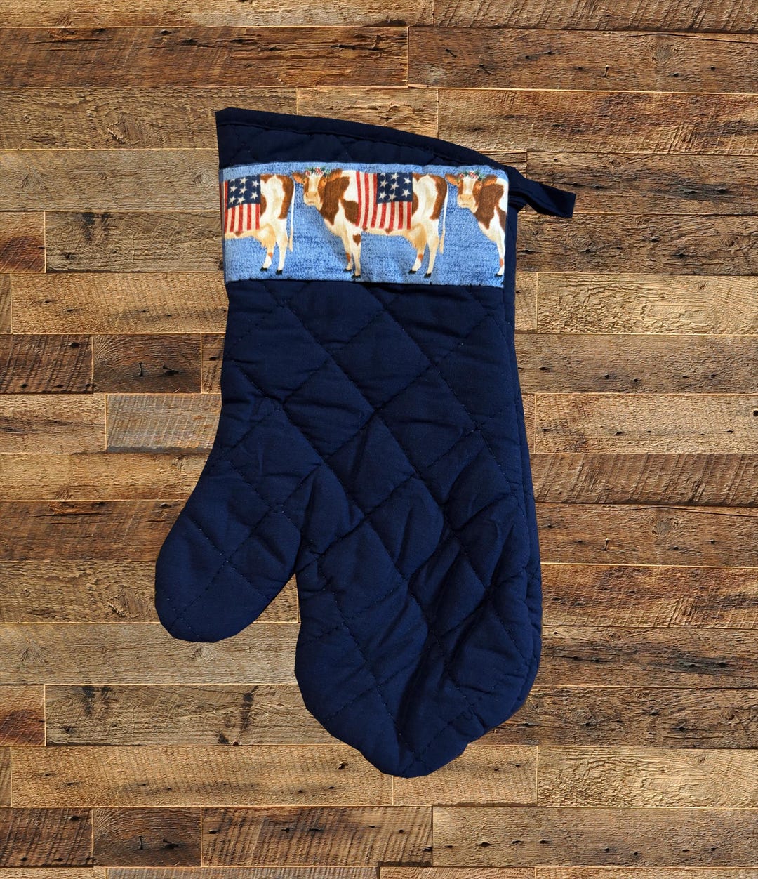 Navy Blue Kitchen Oven Mitt With Cow Wearing an American Flag - Left ...