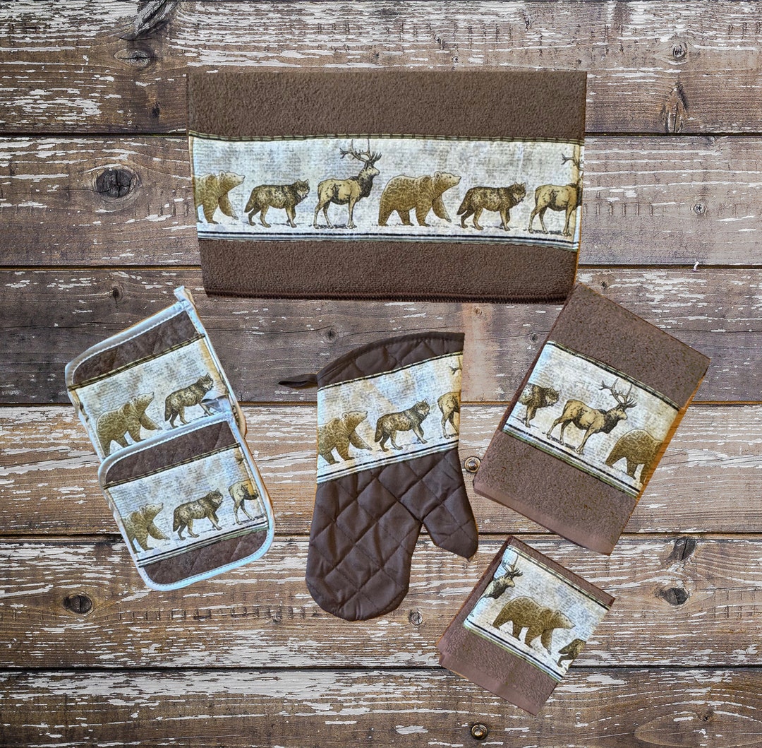 Complete Kitchen Set in Dark Brown With Elk, Bear, and Wolf-towel, Dish ...