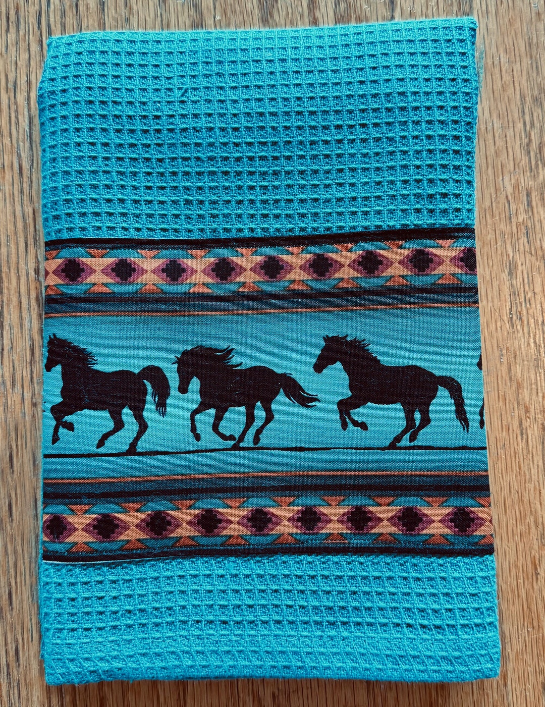 Turquoise Kitchen Towel With Black Running Horses on Turquoise Navajo ...
