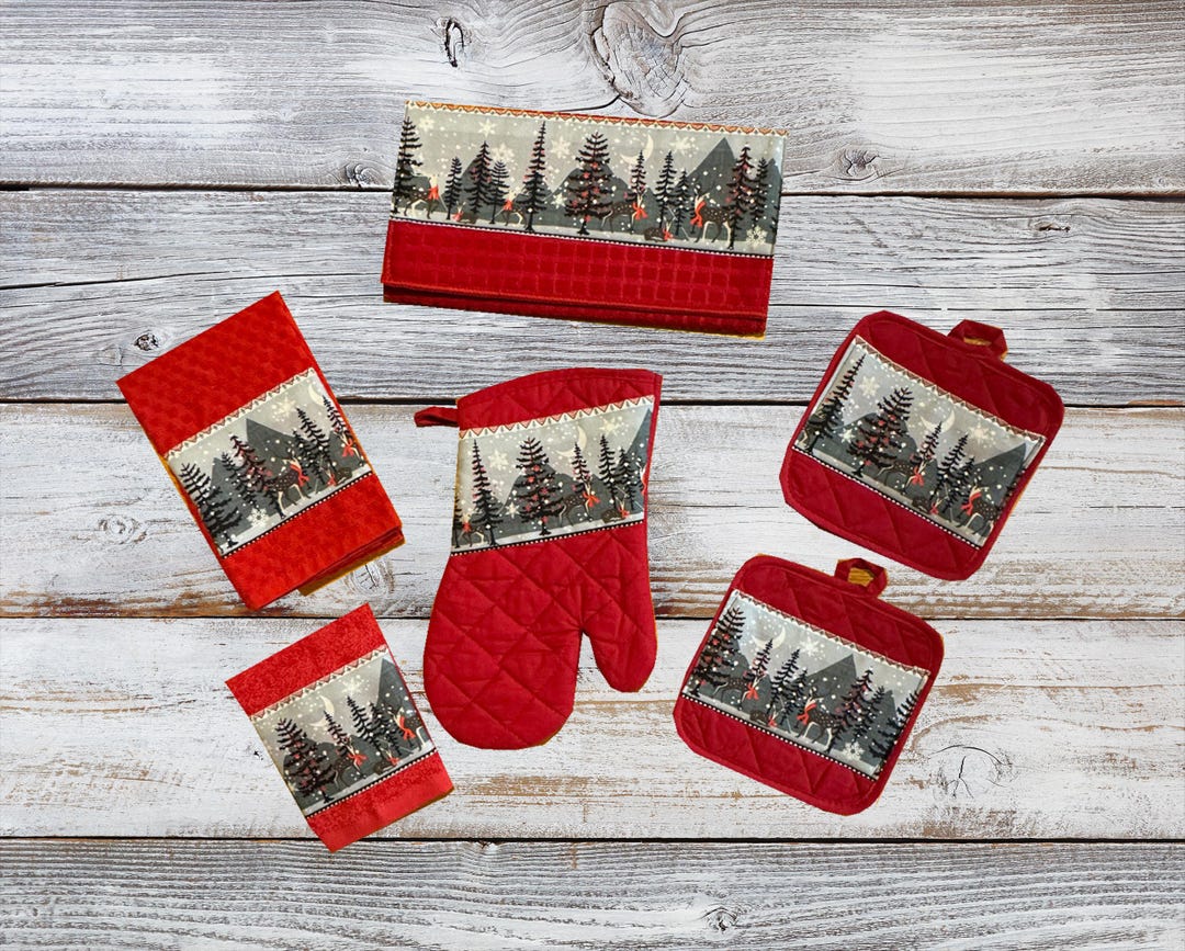 Complete Christmas Kitchen Set - Red With Black & Gray Trees and Deer ...