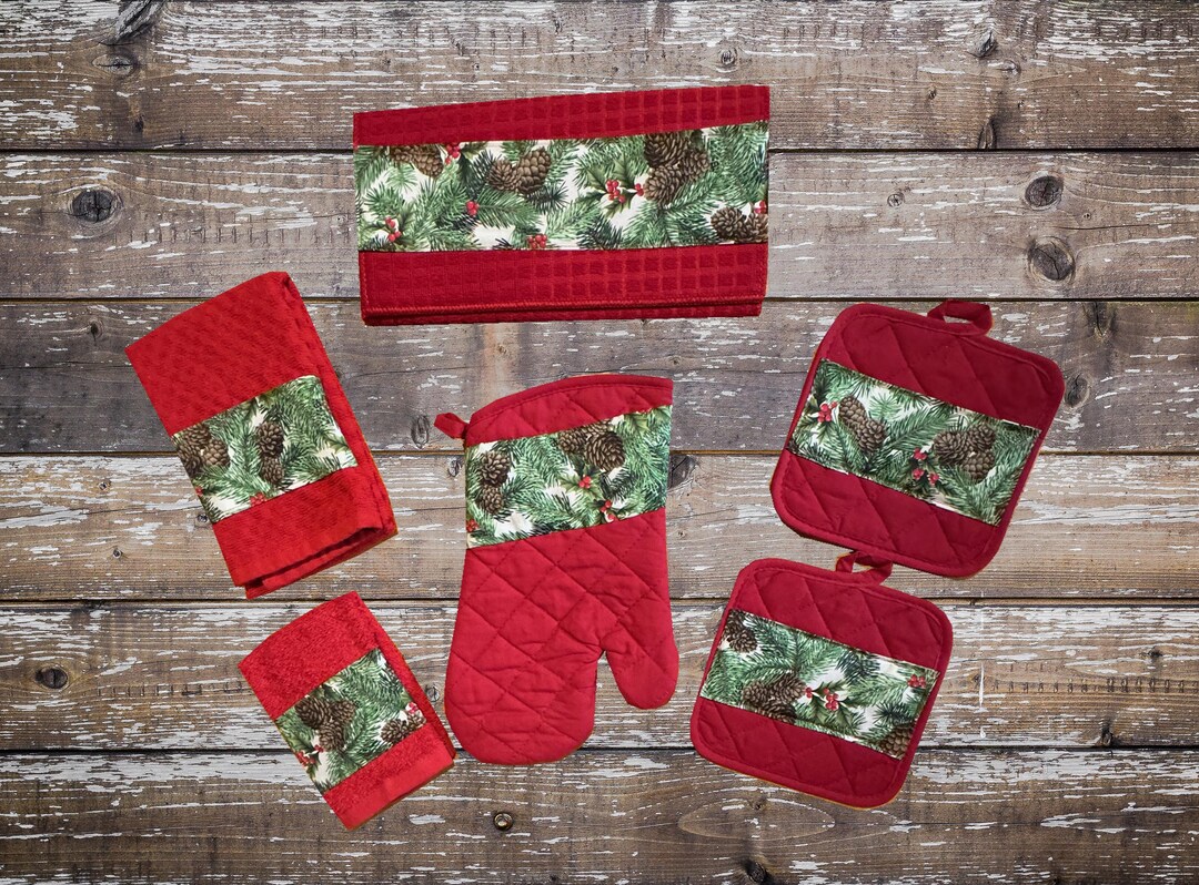 Complete Christmas Kitchen Set - Red With Evergreen and Pine Cones ...