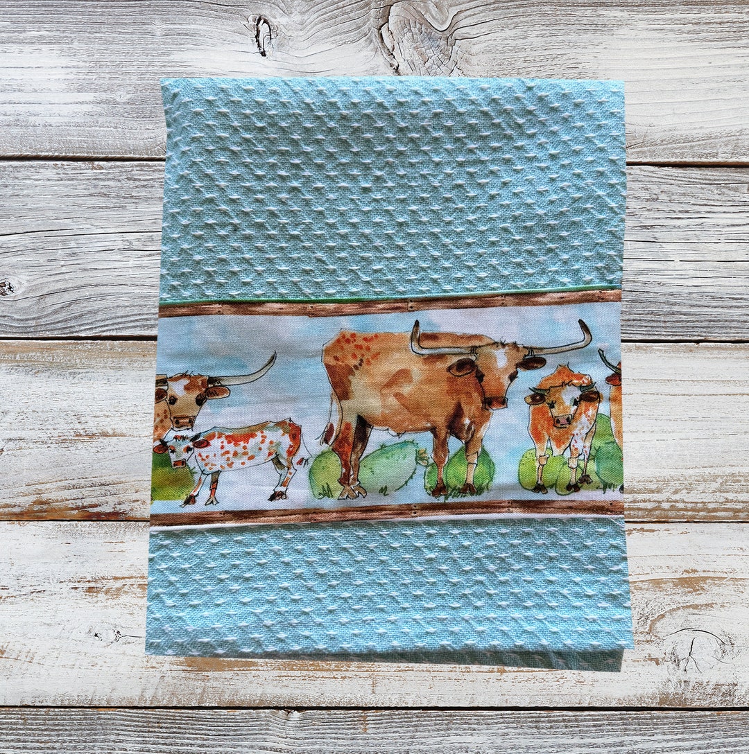 Light Turquoise Kitchen Towel With Colored Longhorn Cows - Etsy