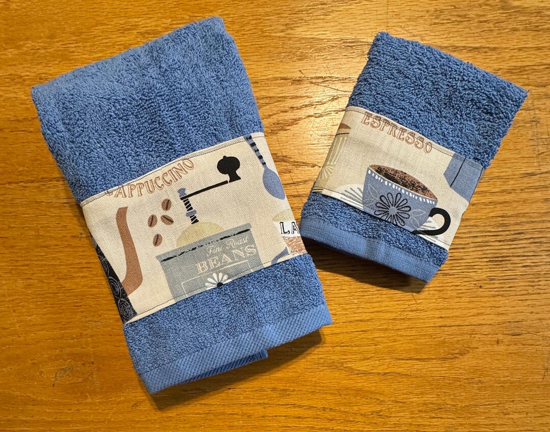 Kitchen Set - Bright Blue With Kitchen Motif - Towel and Dish Cloth Set ...