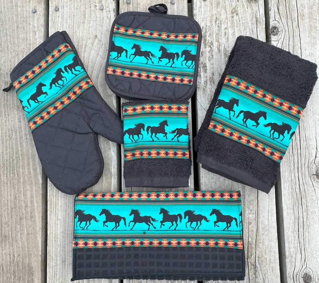 Complete Kitchen Set - Black With Running Horses on Turquoise ...