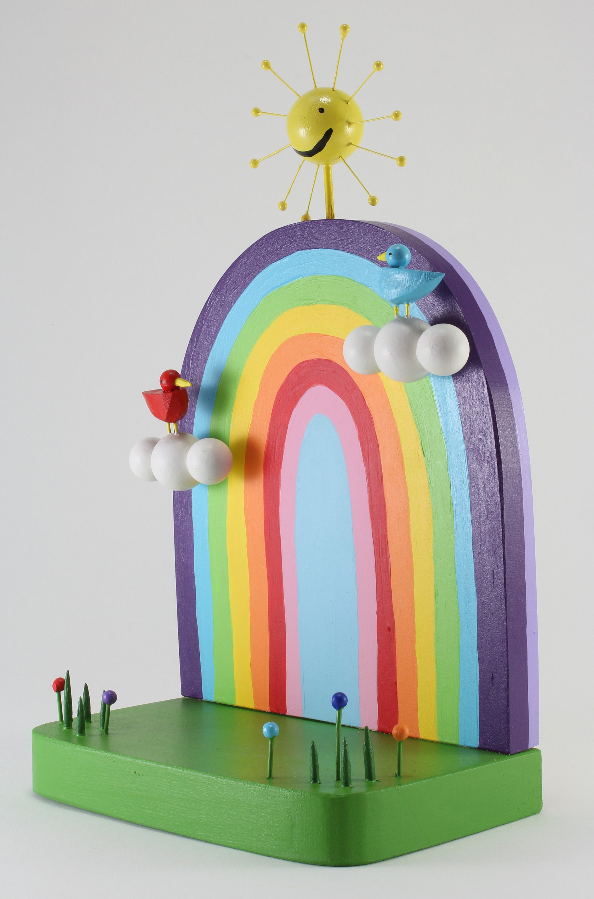 Rainbow Shelf with smiling sun and birds perched on clouds | Etsy