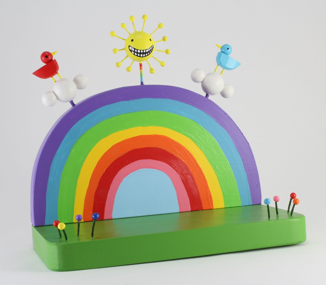 Rainbow Shelf With Smiling Sun and Birds Perched on Clouds - Etsy
