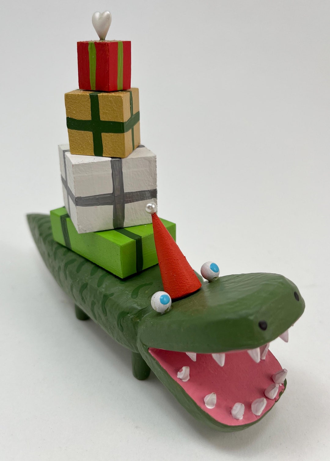 Holiday Gator Figure | Folk Art Animal | Wood Sculpture | Alligator ...