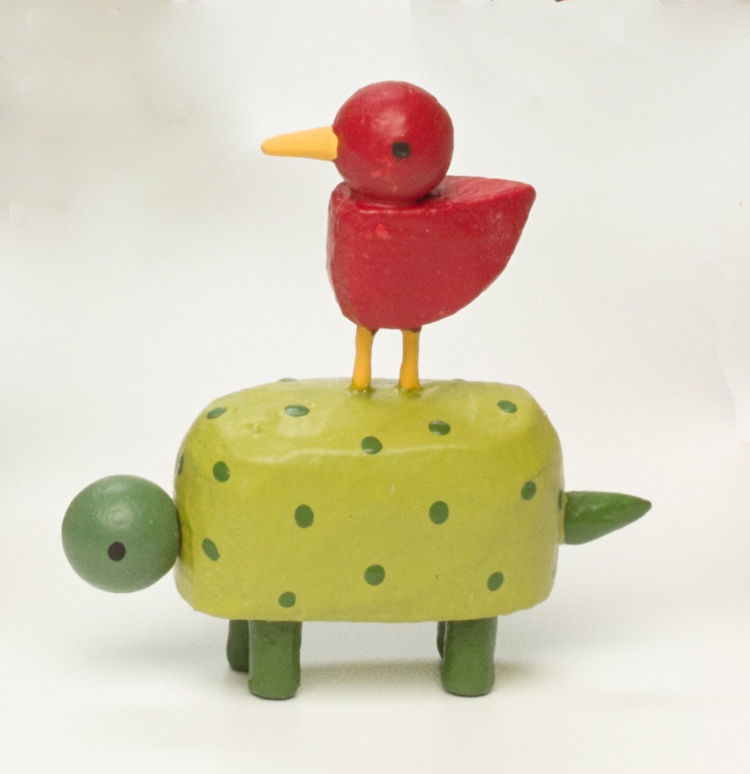 Bird on a Turtle Figure Turtle Art Wood Turtle Sculpture Christmas Putz ...