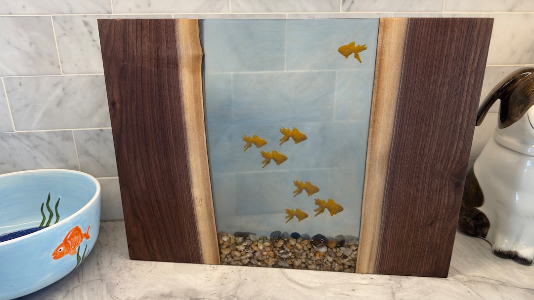 Resin & Black Walnut Faux Fish Tank With 3d-printed Goldfish Swimming ...