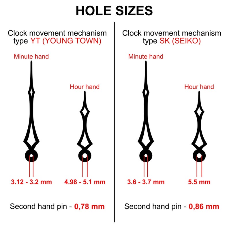 Mirrored/colored Acrylic Hands for Wall Clocks DIY With Second Hand Pin ...