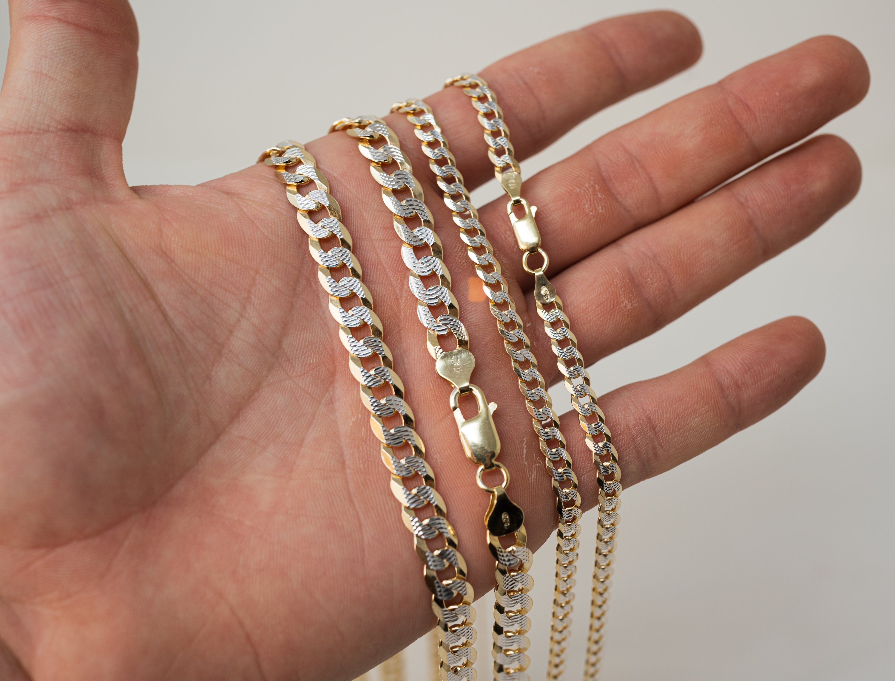 Flat Cuban Link Chain 14K Gold Plated Solid 925 Sterling Silver Two ...