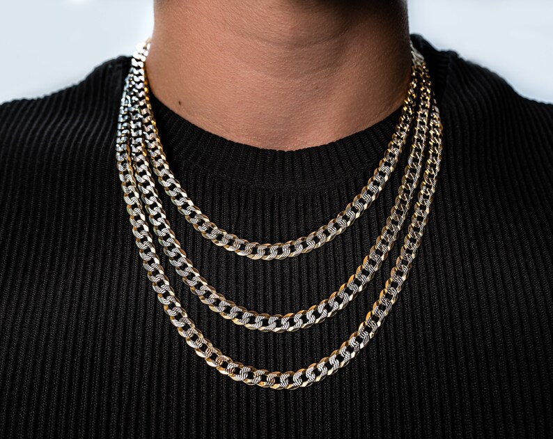 Flat Cuban Link Chain 14K Gold Plated Solid 925 Sterling Silver Two ...